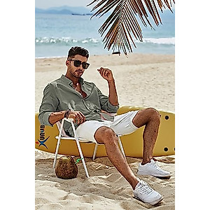 JMIERR Men's Cotton Linen Casual Stylish Button Down Shirt Long Sleeve Lightweight Dress Shirts Fashion Summer Beach Shirts Resort Wear,L,02 Green