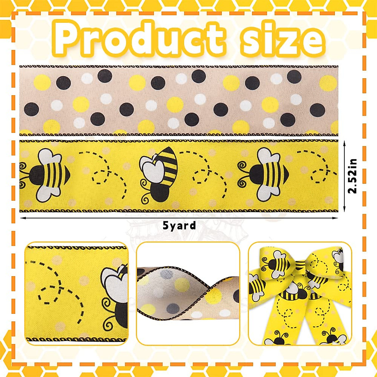 ALIBBON 2 Rolls 2.5" 5 Yd Spring Bee Wired Edge Ribbons Black White Yellow Dots Burlap Spring Honeybee Ribbon Flaxen Yellow for Wreaths DIY Crafting Gift Wrapping Bows Party Decoration