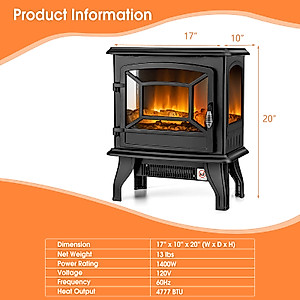 Tangkula 20 Inches Electric Fireplace Stove, Freestanding Fireplace Infrared Heater with Adjustable Thermostat and Realistic Flame Effect 1400W Indoor Space Heater with Overheating Safety Protection