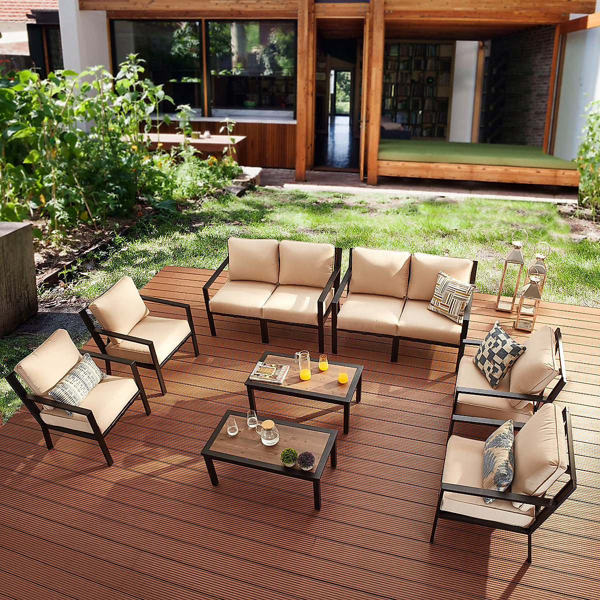 LOKATSE HOME Outdoor Coffee Table Patio Furniture with Wood Grain Top for Balcony, Brown