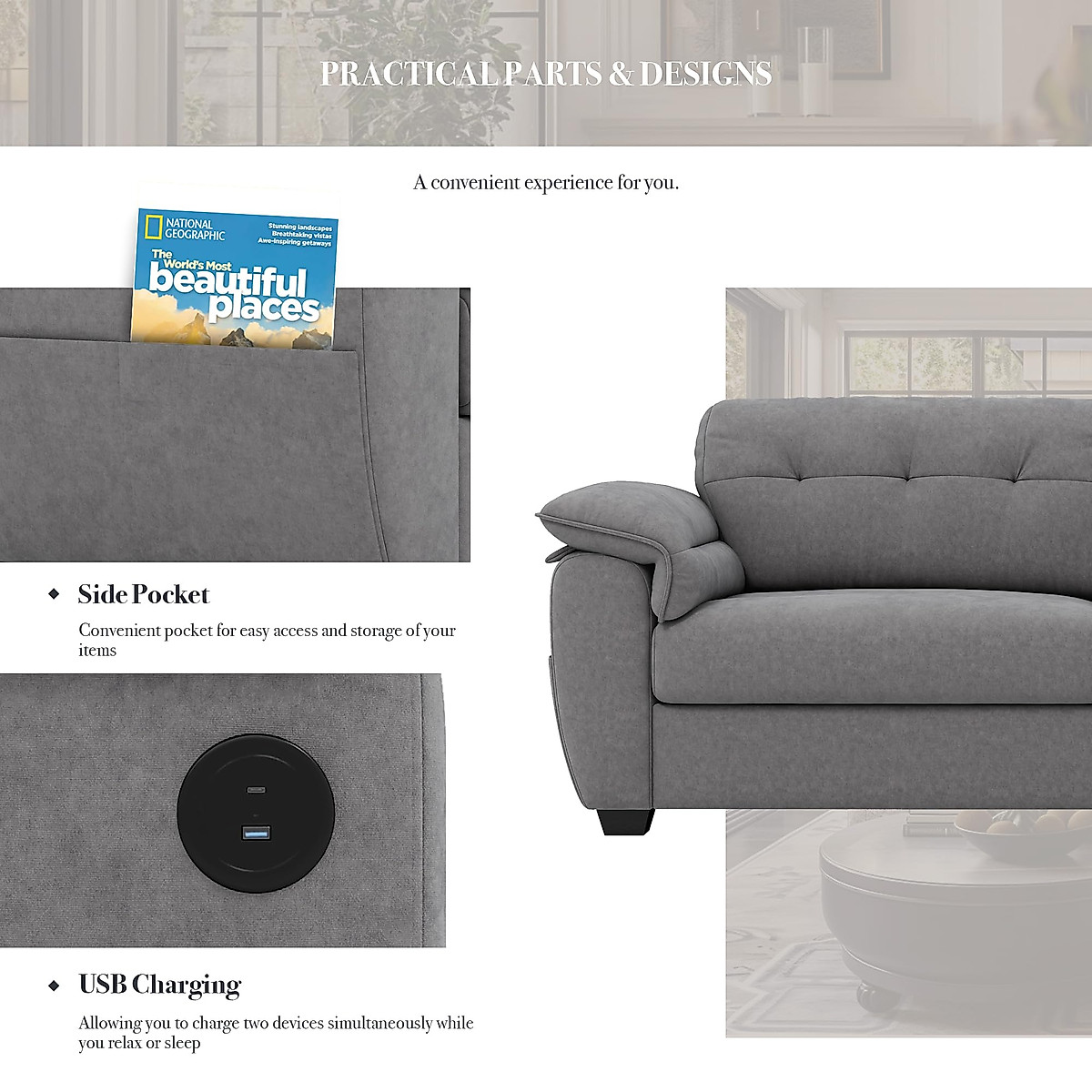 CHYMSUN 87" Modern Sofa, Comfy Sofa Couch w/Extra Deep Seats, 2/3 Seater Couches w/USB Charging Ports & Side Pockets, Sleeper Sofas for Living Room, Apartment, Office (Grey Chenille)