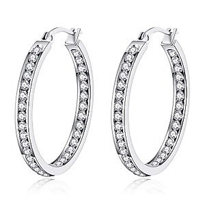 CiNily Silver Plated Stainless Steel Hoop Earrings Cubic Zirconia Earrings for Women Sensitive Ears 30 mm
