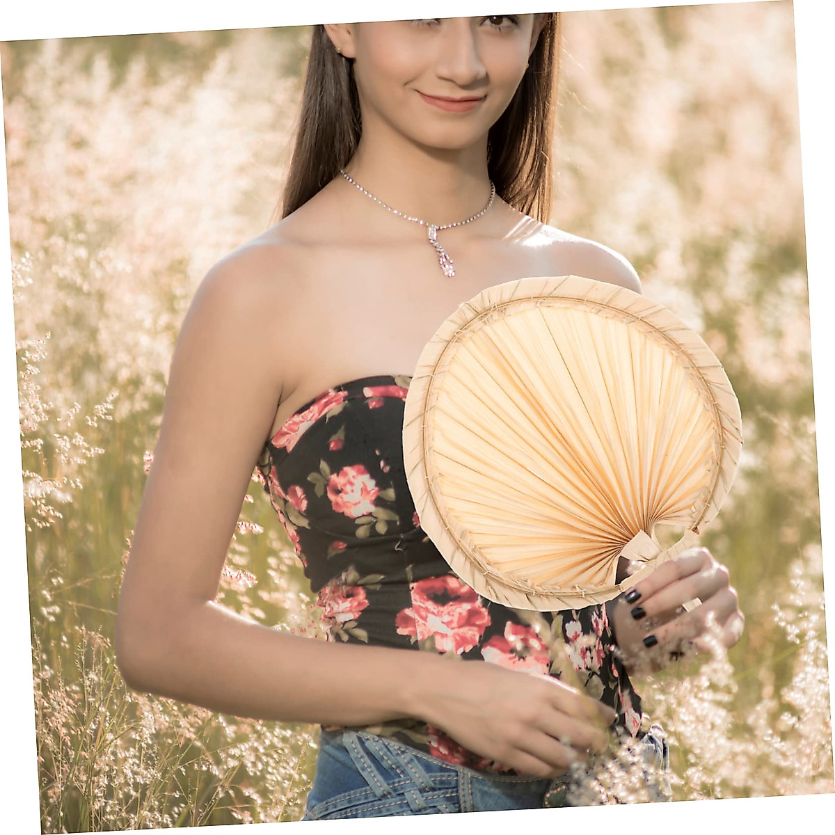 Outanaya Manual Handmade Fan Lightweight Palm Leaf Summer Accessory Handheld Old Fashioned Straw Fan for Wedding