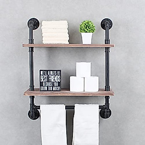 OUBITO Rustic Floating Shelf,Industrial Pipe Shelving,24inch Bathroom Shelves Wall Mounted with Towel bar,Metal Wall Shelf,2 Tier Towel Rack,Floating Shelves,Black