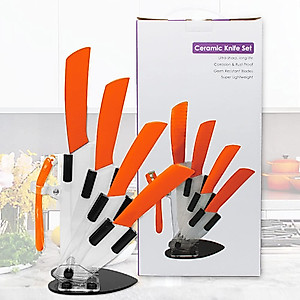 5-Pieces Ceramic Knife Set,Sharp Ceramic Knife with Block Stand,Steak Knife,Orange Kitchen Knives With Anti-Slip handle,Includes 6"Chef Knife,5"Utility Knife,4"Vegetable Knife,3"Bread Knife,1''Peeler