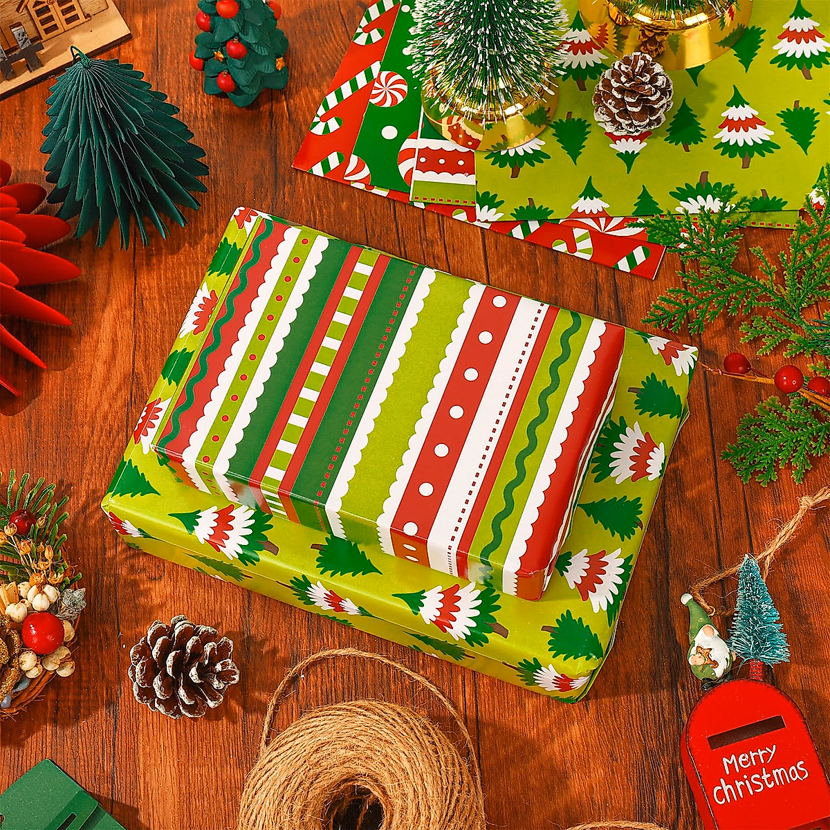 AnyDesign 12 Sheet Christmas Wrapping Paper Red Green Xmas Tree Candy Stripes Gift Wrap Paper Bulk Folded Flat DIY Craft Paper for Birthday Wedding Party Gift Decor, 19.7 x 27.6 In