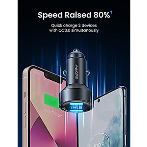 AINOPE Car Charger Adapter, Dual QC3.0 Port 6A/36W Fast USB Car Charger All Metal Cigarette Lighter USB Charger Voltage Display Compatible with 11/11 pro/XR/X/XS/8, Galaxy Note 8/S9/S10+/S8-Black