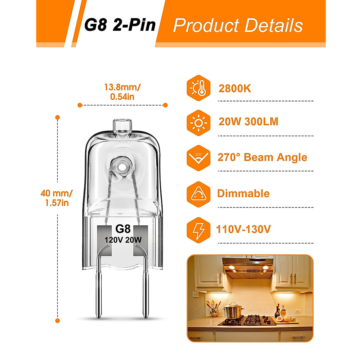Flaspar G8 Halogen Light Bulbs, 20W G8 Bi-Pin Base Halogen Bulb, 120V Dimmable T4 JCD Type G8 Base for Microwave Hood Light Bulb, Warm White Under Cabinet Puck Lights Replacements, Xenon Bulb, 6 Pack