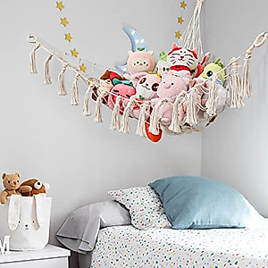 Homcosan Stuffed Animal Hammock with LED Light Large Toy Hammock for Stuffed Animals Storage Handmade Macrame Toy Hammock Organizer with Tassels Boho Toys Storage Hammock for Kid's Room 62"58"58"
