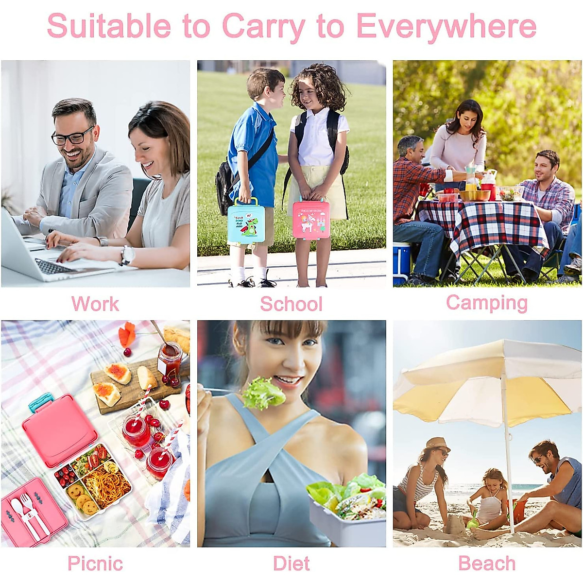 Bento Lunch Box for Kids, Unicorn Lunch Box with 4 Compartment Bento,1300ml Lunch Container with Sauce Jar/ Spoon/ Fork, Leak Proof, Microwave/ Dishwasher Safe, BPA-Free and Food-Safe Materials (Pink)