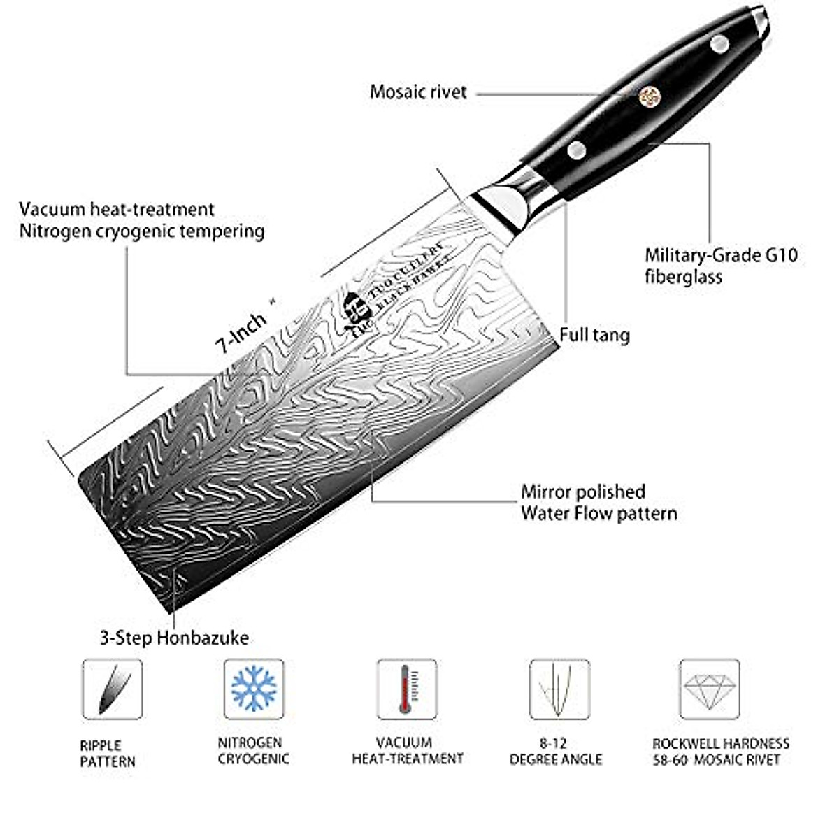 TUO Vegetable Meat Cleaver Knife - Chinese Chef's Knife 7-inch High Carbon Stainless Steel  - Kitchen Knife with G10 Full Tang handle - Black Hawk-S Knives Including Gift Box