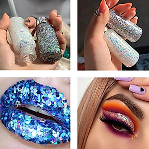 2 Color Body Glitter Gel Mermaid Scale Sequins Skin Long Lasting Sparkling Cream Eyeshadow Lip Nail Hair Painting Glitter Decorate Art Festival Party Make up Powder (Silver,White),with 2 Sponge Brush