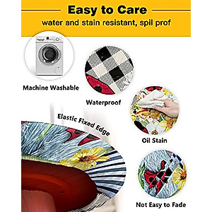 Spring Summer Sunflower Gnome Round Waterproof Table Cover Fitted Tablecloth,Black White Buffalo Plaid Check Wipeable Fabric Elastic Table Cloth Oil-Proof Tablecover for Outdoor Picnic Party,36"-44"