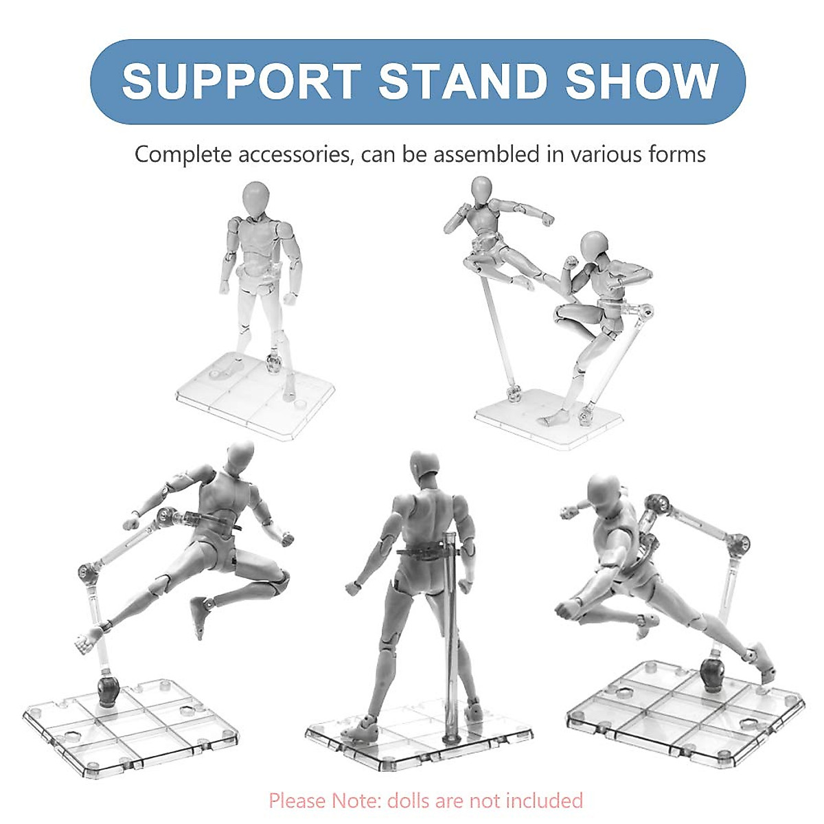 XISTEST Action Figure Stand, 10 PCS Assembly Action Figure Display Holder Base Doll Model Support Stand Compatible with HG RG SD SHF Gundam 1/144 Toy Clear
