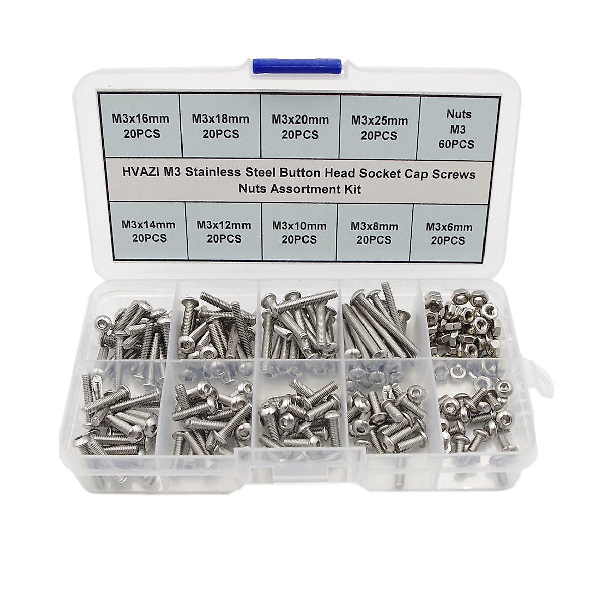 HVAZI Metric M3 304 Stainless Steel Button Head Socket Cap Screws Nuts Assortment Kit