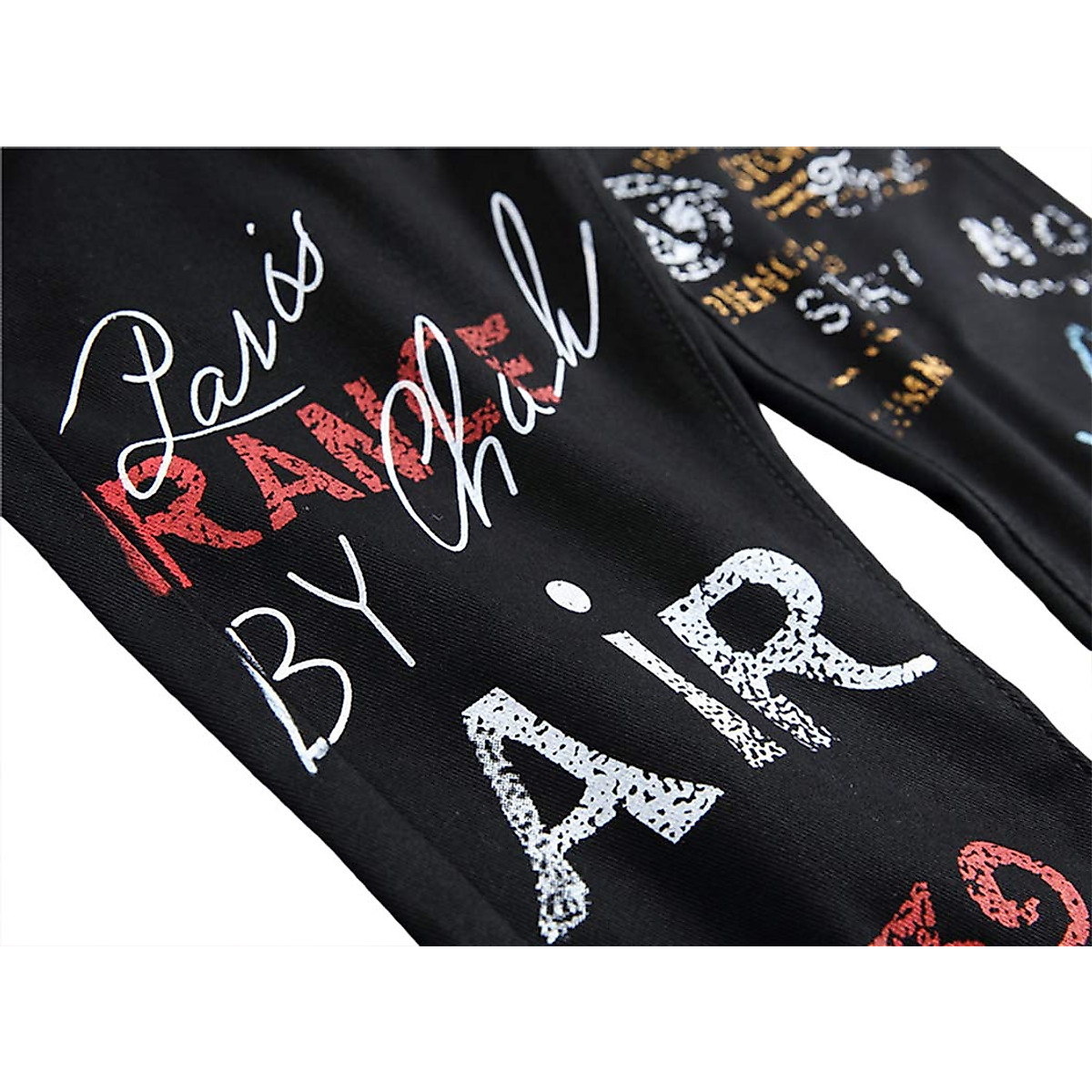 Enrica Men's Casual Color Printed Jeans Skinny Black Denim Pants (Black&Air, 34)