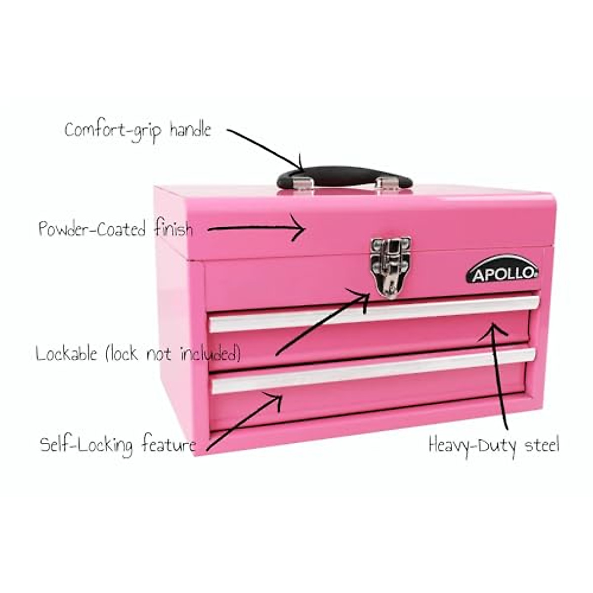Apollo Tools 14 Inch Steel Tool Box with Deep Top Compartment and 2 Drawers in Heavy-Duty Steel With Ball Bearing Opening and Powder Coated Finish - Pink Ribbon - Pink - DT5010P