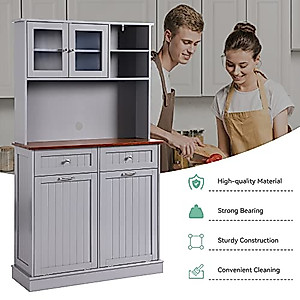 LOUVIXA Kitchen Pantry Storage Cabinet, Microwave Cabinet with Tilt Out Trash Cabinet, Freestanding Kitchen Hutch,Tall Pantry Cabinet Cupboard (Grey)
