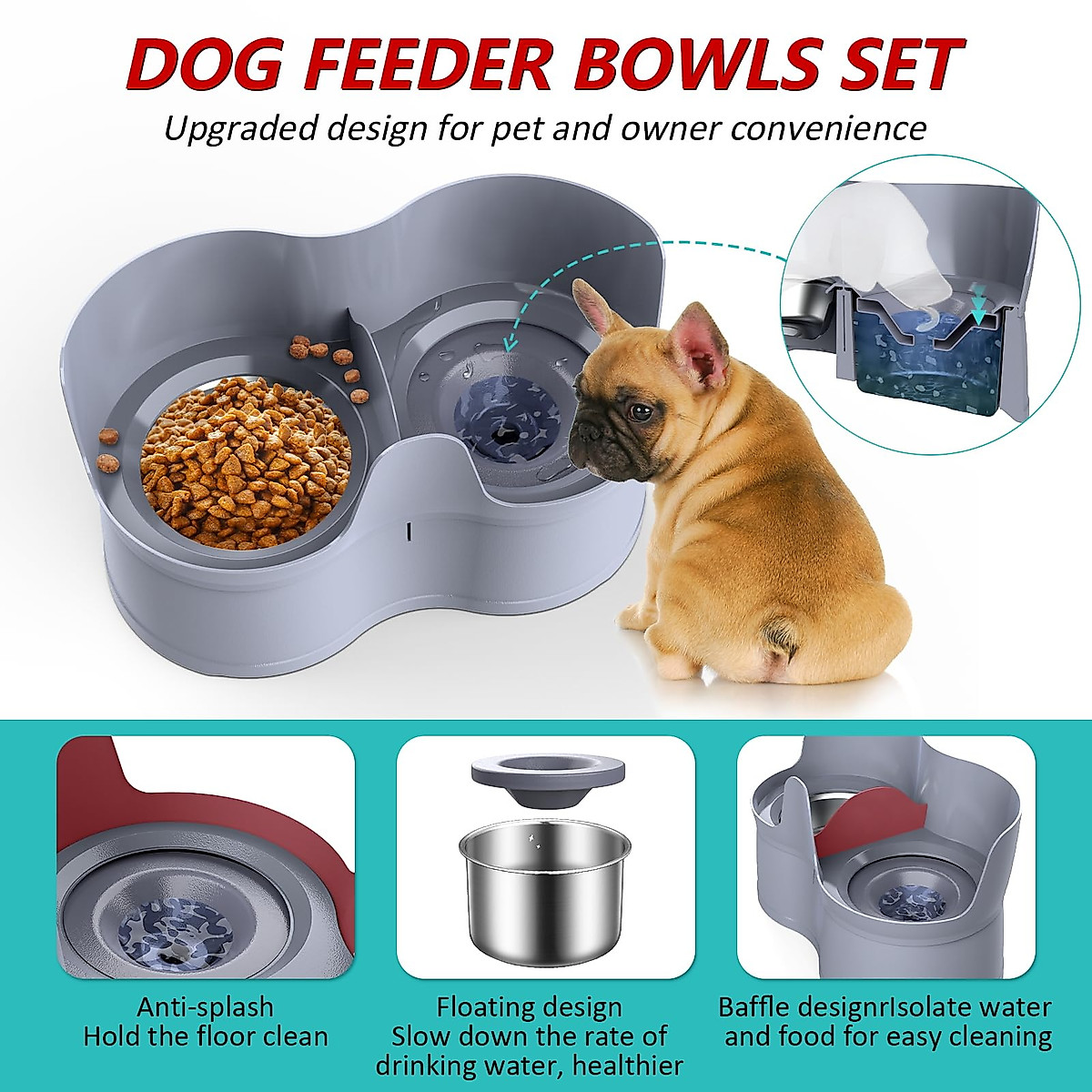 Fithome 2-in-1 Dog Bowl Set, Anti-Spill Design, Stainless Steel Bowls, 2L/65 oz Water Bowl & 1L/27 oz Food Bowl, Mess-Proof Pet Feeder