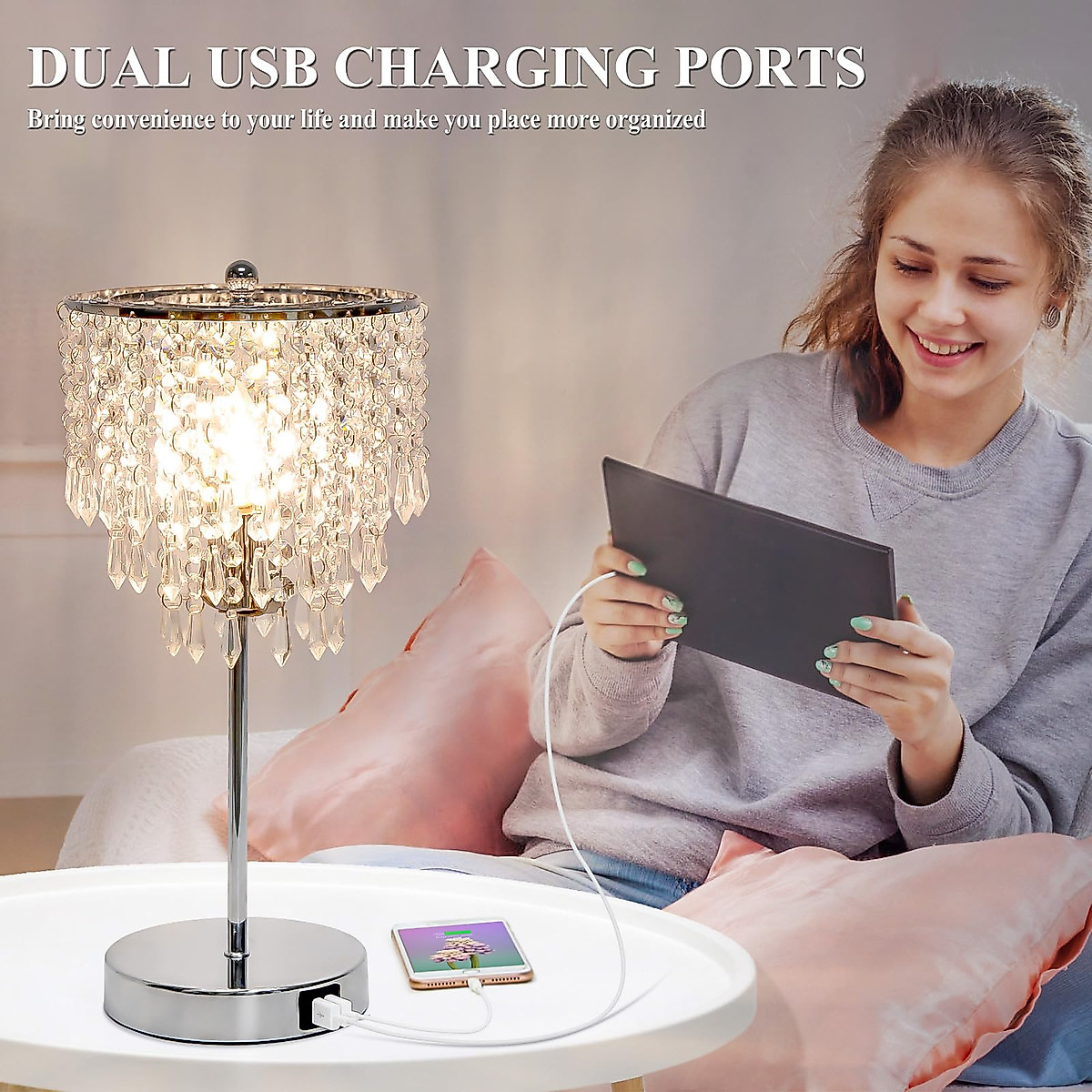 Touch Control Crystal Table Lamp with Dual USB Charging Ports, 3-Way Dimmable Bedside Touch Lamp Decorative Nightstand Lamp with Elegant Lamp Shade for Living Room Bedroom, B11 LED Bulb Included