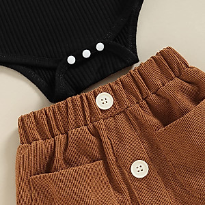 Yccutest Infant Baby Girls Skirts Summer Outfits Sleeveless Ruffle Ribbed Crewneck Romper + Corduroy Skirt Set 3-24M (Black&Brown,6-12 Months)