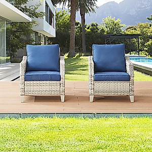 HUMMUH Outdoor Wicker Chairs Patio Dining Chairs Set of 2 PE Wicker Patio Chairs with High Back and Deep Seat, 4 inch Seat Cushions for Garden Porch Backyard (Mixed Grey/Blue)