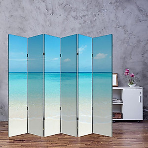 Wood Screen Room Divider Clean White Beach Folding Screen Canvas Privacy Partition Panels Dual-Sided Wall Divider Indoor Display Shelves 6 Panels