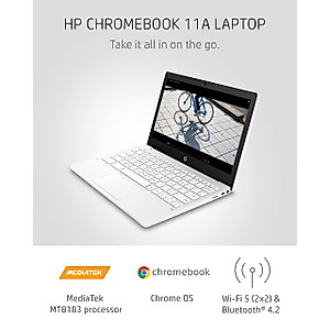 HP Chromebook 11 Laptop, MediaTek MT8183, 4 GB RAM, 64 GB eMMC, 11.6" HD Touchscreen, Chrome OS, Long Battery Life, USB-C Port, Custom-Tuned Speakers, Lightweight (11a-na0110nr, 2022, Snow White)