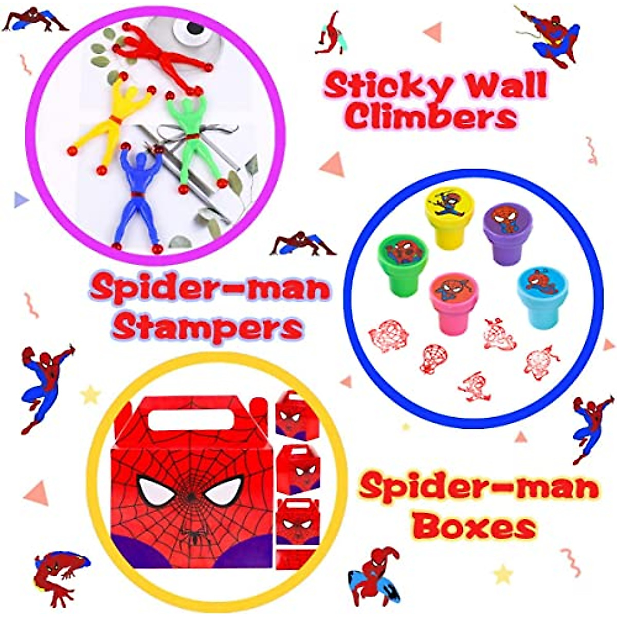 Andzerolief Spider Birthday Party Favors Supplies- (70 Pcs) Keychains, Stamps, Blower Whistles, Masks, Goodie Bags, Sticker Wall Climbers for Classroom Rewards Carnival Christmas Prizes Gifts for Kids Boys Girls - Serve 10 Guests