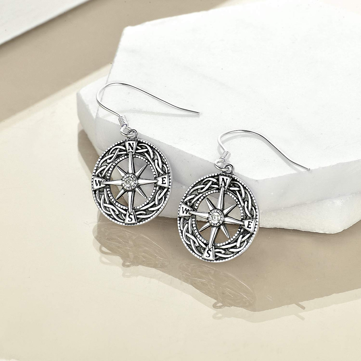 Sterling Silver Compass Earrings Celtic knot Compass dangle Drop Earrings Jewelry for Women