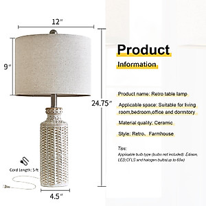 USumkky 24.75'' Farmhouse Ceramic Table Lamp Set of 2 for Bedroom Living Room Vintage Traditional Rustic Modern White Nightstand Bedside Lamps