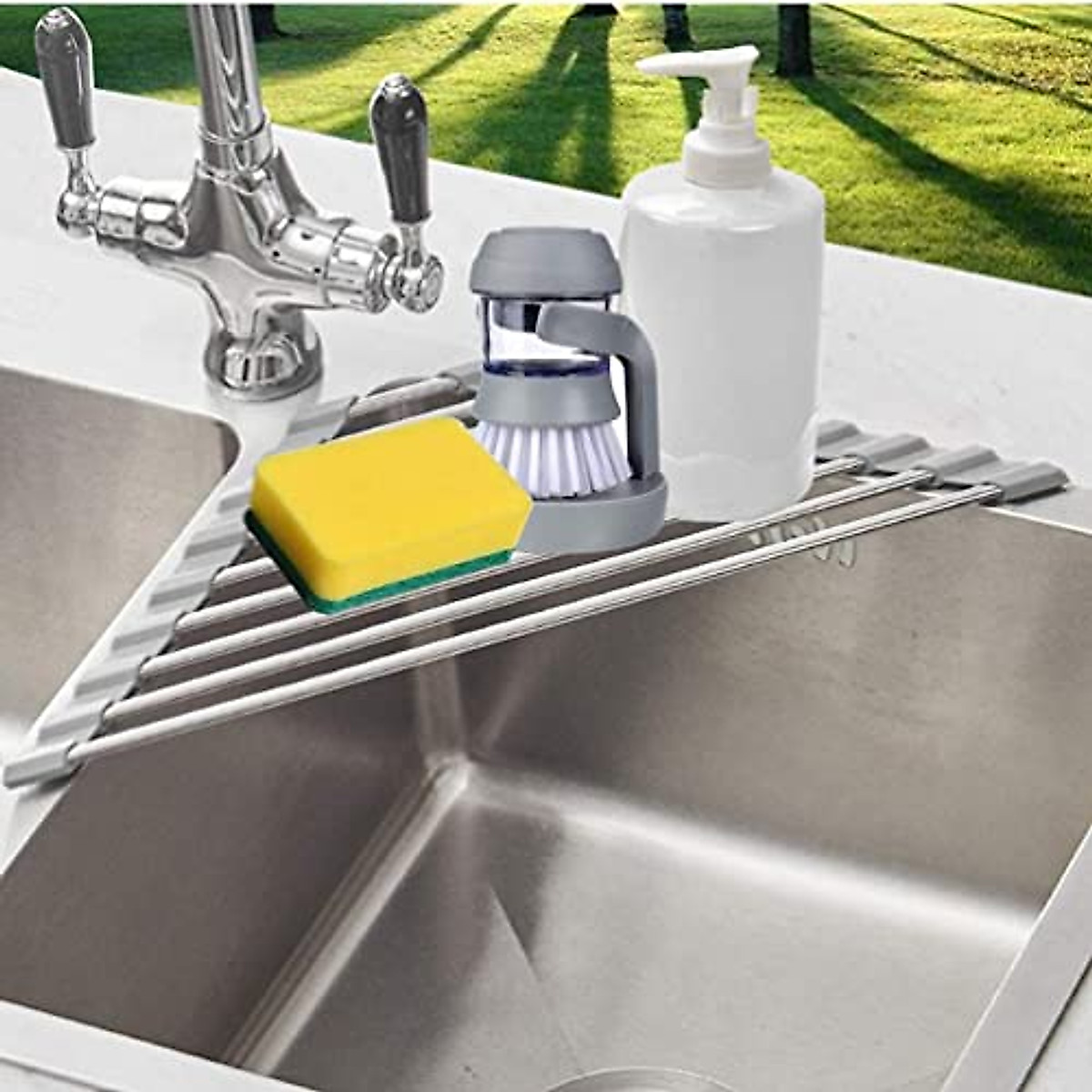 Sink Sponge Holder, Multipurpose Roll up Drying Rack for Sink Corner-Gray