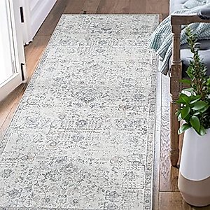 COLLACT Runner Rug 2x6 Area Rug Hallway Vintage Rug Indoor Floor Thin Rug Retro Distressed Grey Multi Carpet Floral Print Mat Country Boho Rug Non Slip Bathroom Kitchen Bedroom Living Room