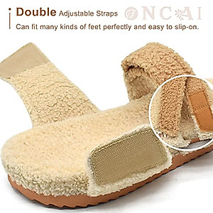 ONCAI Womens Open Toe Platform Slippers,Fluffy Arch Support Sherpa Slides,Faux Fur Sandals with Memory Foam Footbed and Adjustable Strap Beige US Size 9