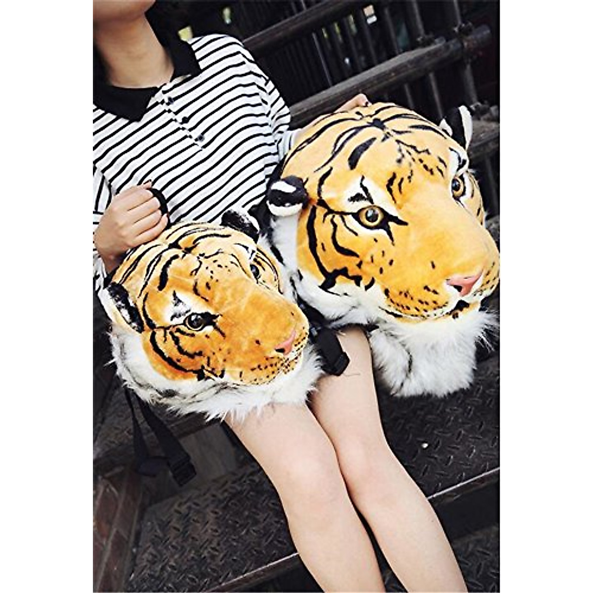 Domineering backpack stuffed tiger head 3D simulation personalised shoulder Bag Animal head shoulders bag (large, tiger yellow)