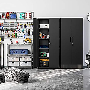 SONGMICS Garage Cabinet, Metal Storage Cabinet with Doors and Shelves, Office Cabinet for Home Office, Garage and Utility Room, Black UOMC015B01