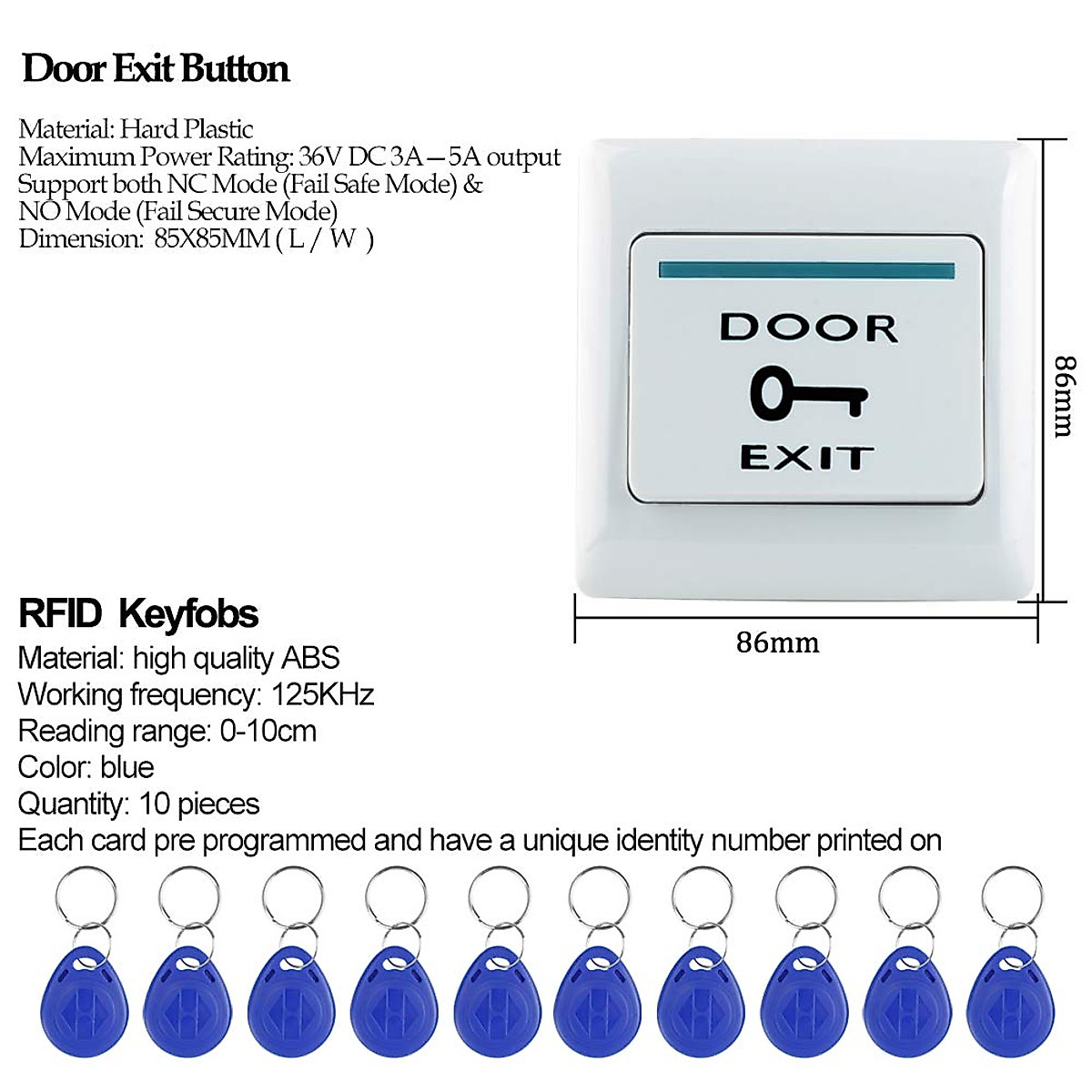 HFeng Access Control System Kit 125KHz RFID Keypad + DC12V 3A Power Supply Controller + Door Exit Button + 10pcs Keyfobs Card for Home Alarm Wooden/Metal/Glass Door