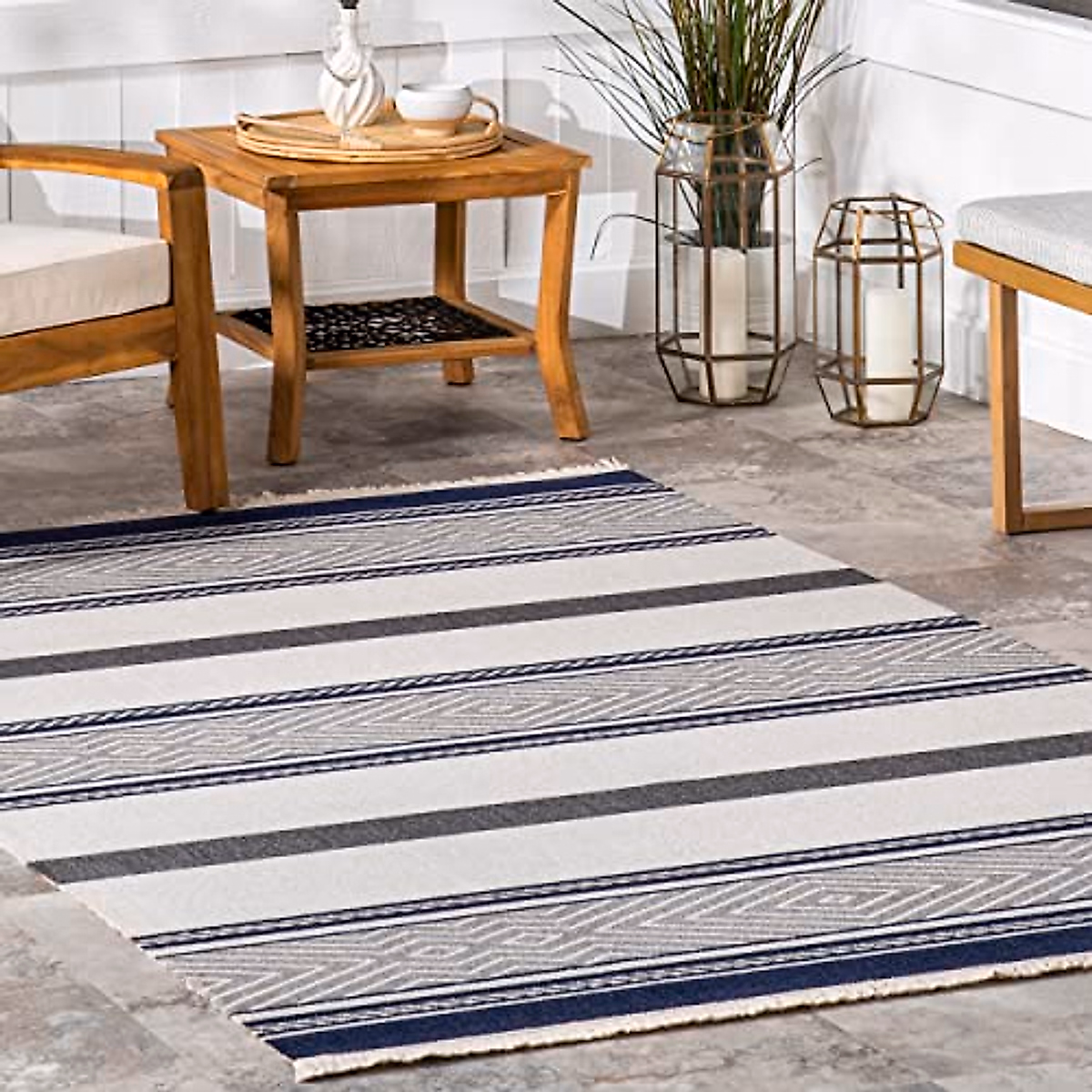 nuLOOM Ivey Modern Striped Indoor/Outdoor Fringe Area Rug, 8' x 10', Blue