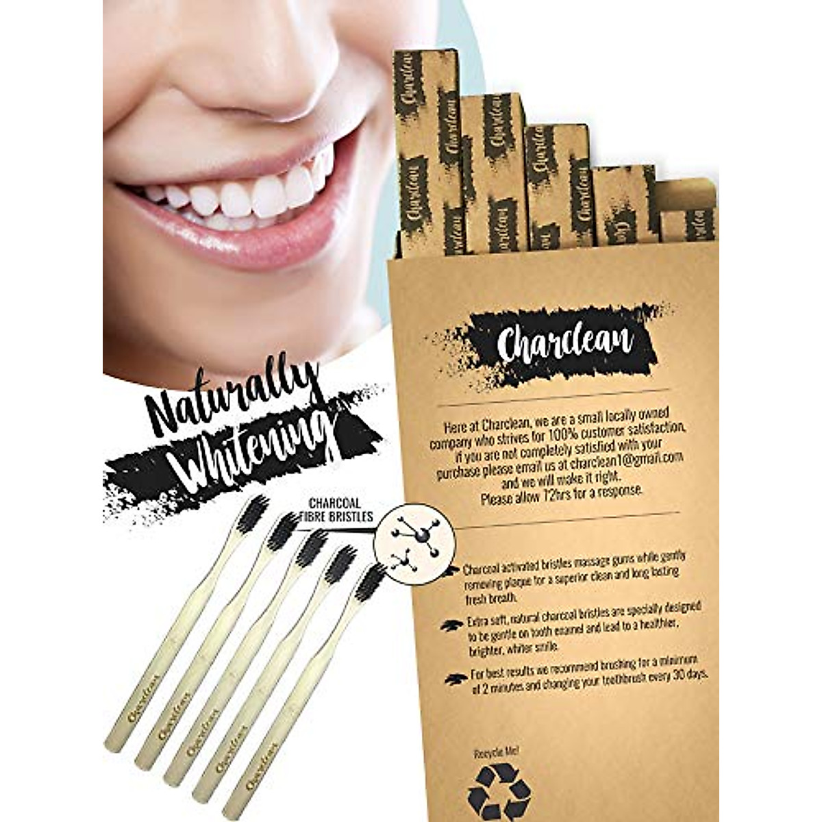 5 Pack Charcoal Infused Toothbrush Ultra Soft Bristles - Naturally Whitening - Natural Bamboo Handle (Bamboo)