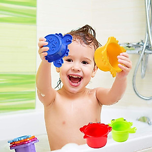 Stacking Cups Bath Toys for Toddlers, Rainbow Bath Cups for Baby 1-3 Years Old, Safe Infant Nesting Cups with Rubber Duckie for Fun Bath Time, Birthday Stocking Stuffers Early Learning Educational Toy