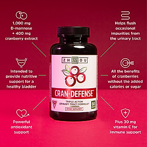 Zhou Nutrition Cran Defense, Cranberry Concentrate Urinary Tract Formula, Flush Out Impurities and Healthy Bladder Support, 3 in 1 Formula - Cranberry Extract, D-mannose, Vitamin C, Multi - 60 Count