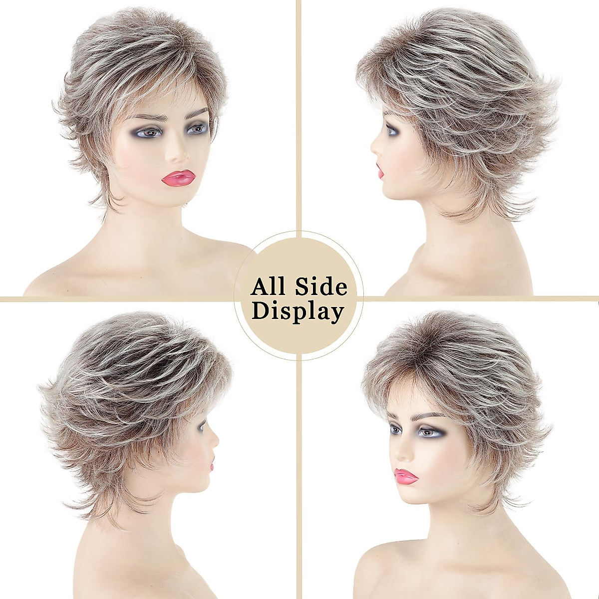 TISHINING Layered Short Blonde Pixie Wigs for White Women Dark Brown Ombre Blonde Pixie Cut Wig with Bangs Synthetic Natural Looking Daily Party Wig