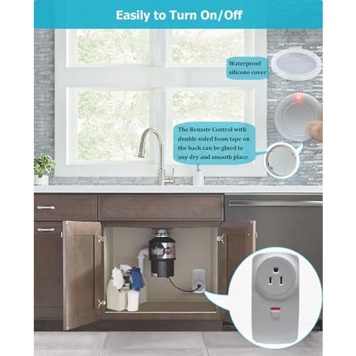 Disposal Sink Top Switch, Garbage Disposal Wireless Switch - Remote control-No Drilling on Sink Top - No Wiring-Stick On Sink Top/Counter Top for Waste Disposer