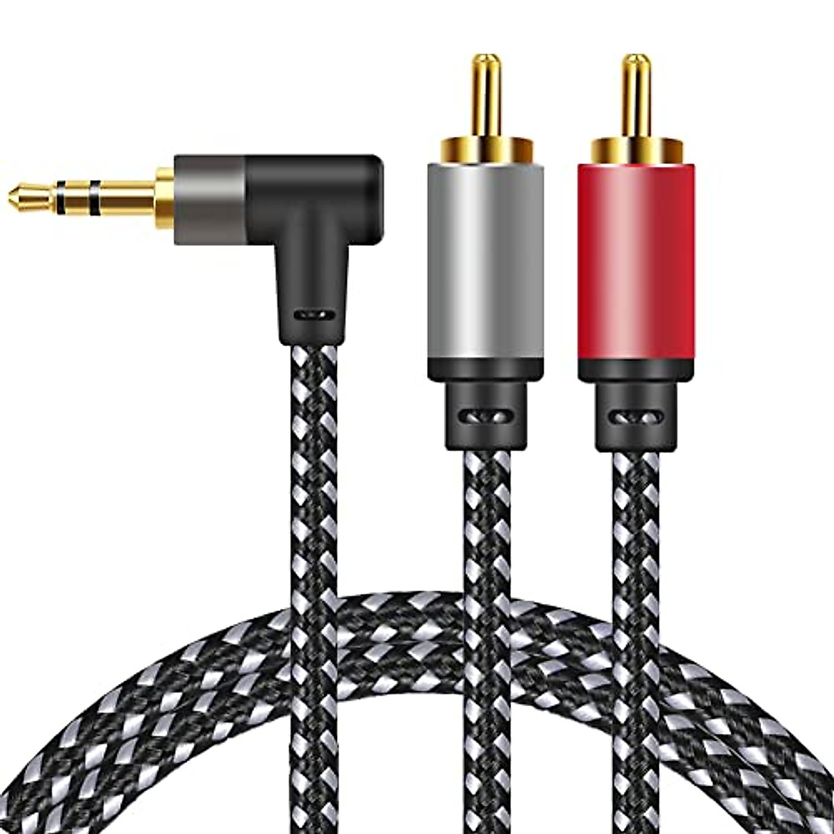 AUX RCA Y Cable 20FT, 3.5mm to 2-Male RCA Adapter Stereo Splitter Cable 1/8" Right Angle TRS to RCA Straight Plug Audio Auxiliary Cord for Smartphone, Speakers, Tablet, HDTV, MP3 Player