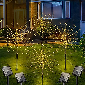 Outdoor Solar Garden Lights, 4 Pack Christmas Solar Firework Lights Waterproof 8 Modes Decorative Stake Landscape Lights DIY Flowers Fireworks for Garden Pathway Lawn Party (Warm)