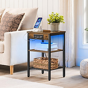HOOBRO End Table with Charging Station and LED Lights, Small Side Table with Storage Shelves, 3-Tier LED Nightstand for Small Space in Living Room, Bedroom, Rustic Brown BF112UDBZ01