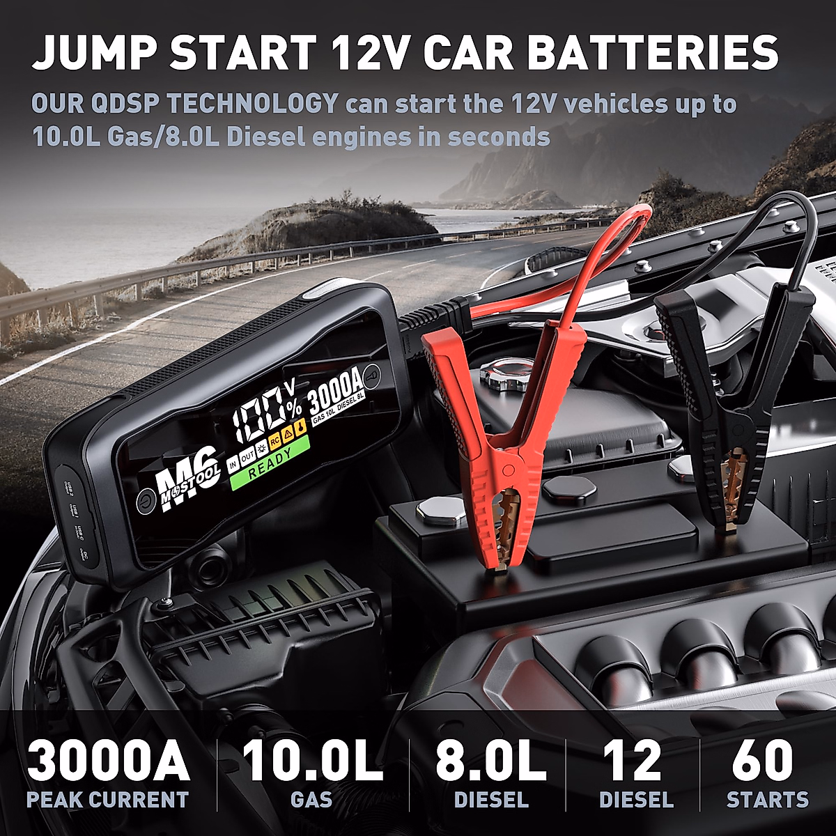 M6 3000A Peak Car Battery Jump Starter Battery Pack, Portable Jumper Box, Battery Booster Start, 12V Car Battery Charger and Jumper Cables for 10.0L Gas and 8.0L Diesel Engines