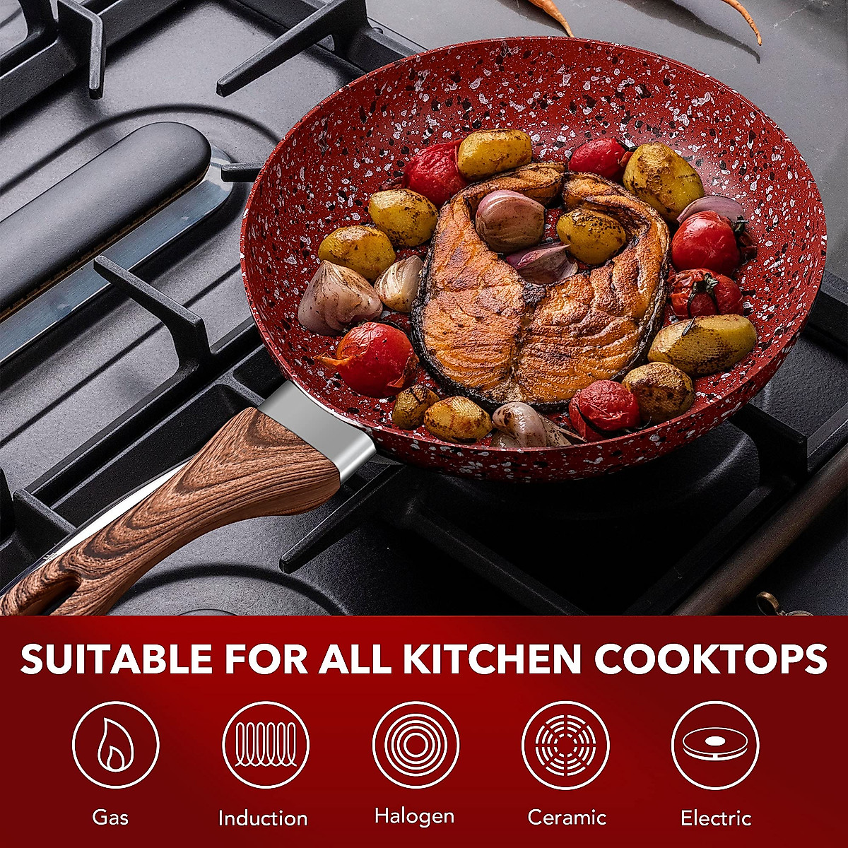CSK 10" Red Frying Pan-Non-Stick Skillets with Whitford Granite Nonstick Coating, PTFE and APEO Free, Durable Bakelite Handle, Aluminum Alloy, Superior Omelet Pan Suitable for All Stove.