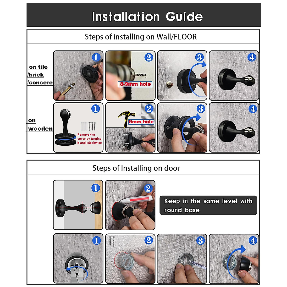 KOLAKO Door Stopper, Magnetic Door Stops, Brushed Satin Nickel, 2 Pack Wall Floor Mounted Black Magnetic Door Catch Door Holder, Stainless Steel Metal Soft-Catch Doorstop Door Stopper