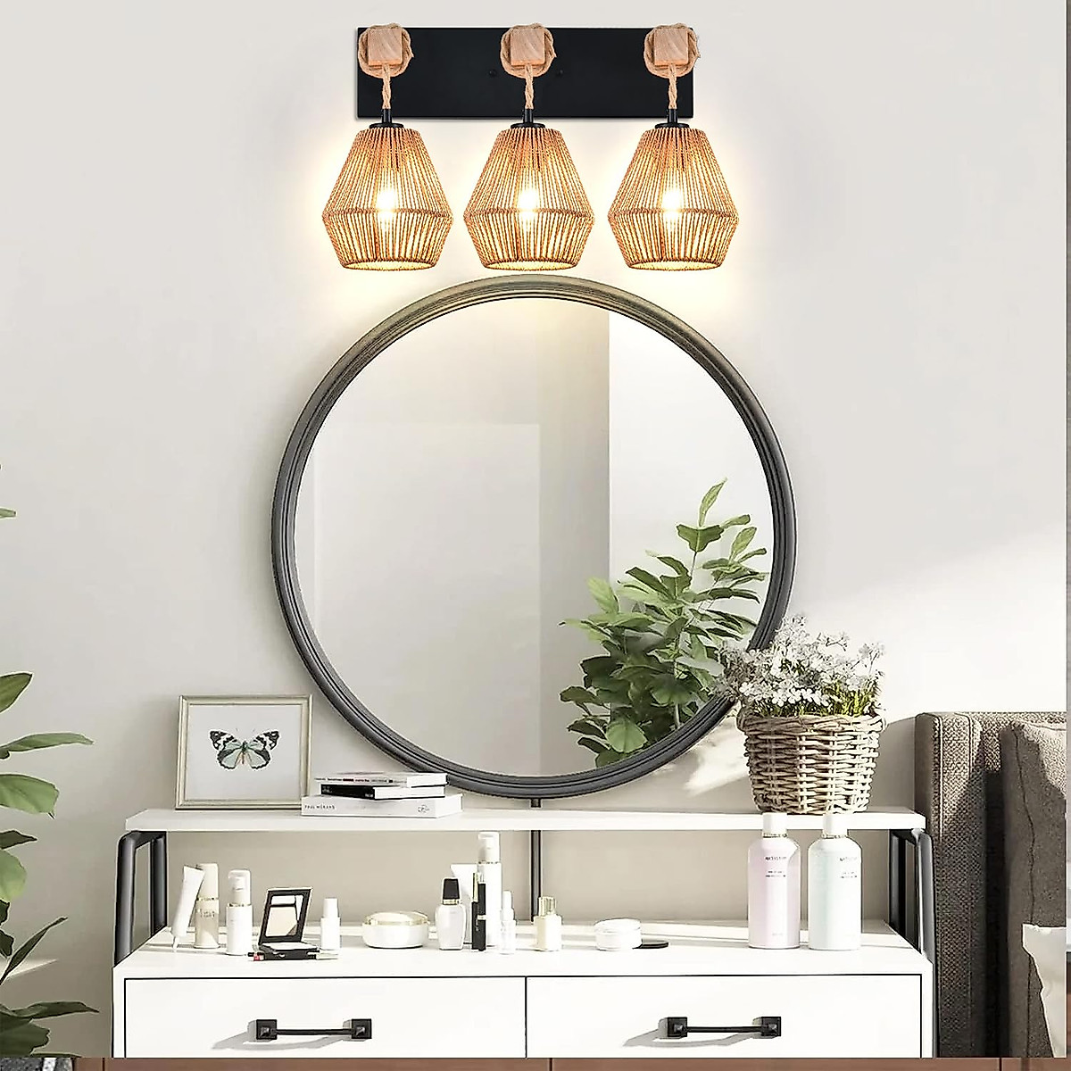 ILLMTW 3-Light Bathroom Vanity Lights Over Mirror,Farmhouse Wood Vanity Light Fixtures for Bathroom,Boho Rustic Adjustable Color with Woven Rattan Wicker Wall Sconces for Hallway Bedroom Living Room